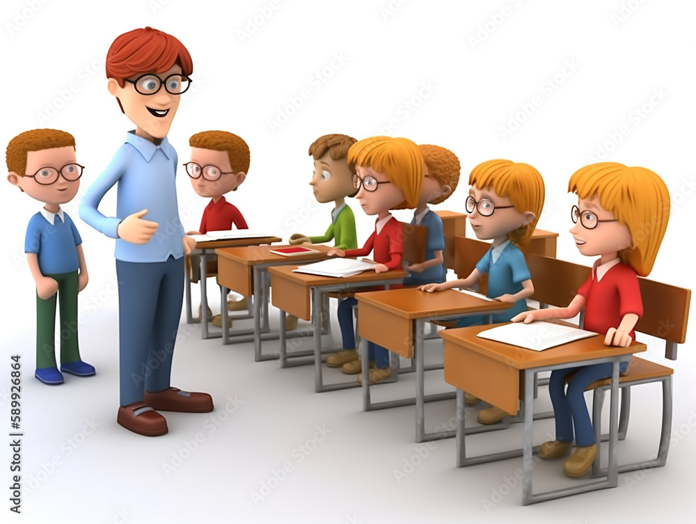 3D cartoon illustration showing a teacher teaching in the classroom ...