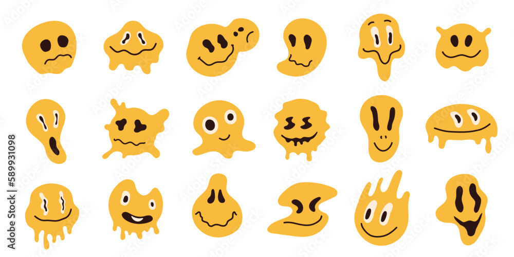 Distorted emoticons. Psychedelic abstract emoji characters with ...