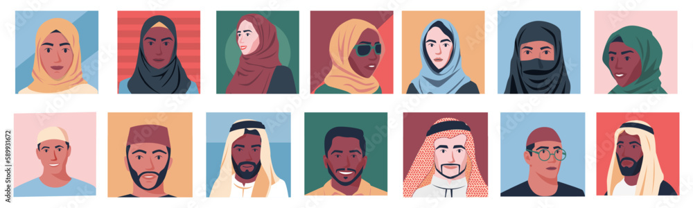 Middle eastern people avatars. Man and woman portraits for user ...