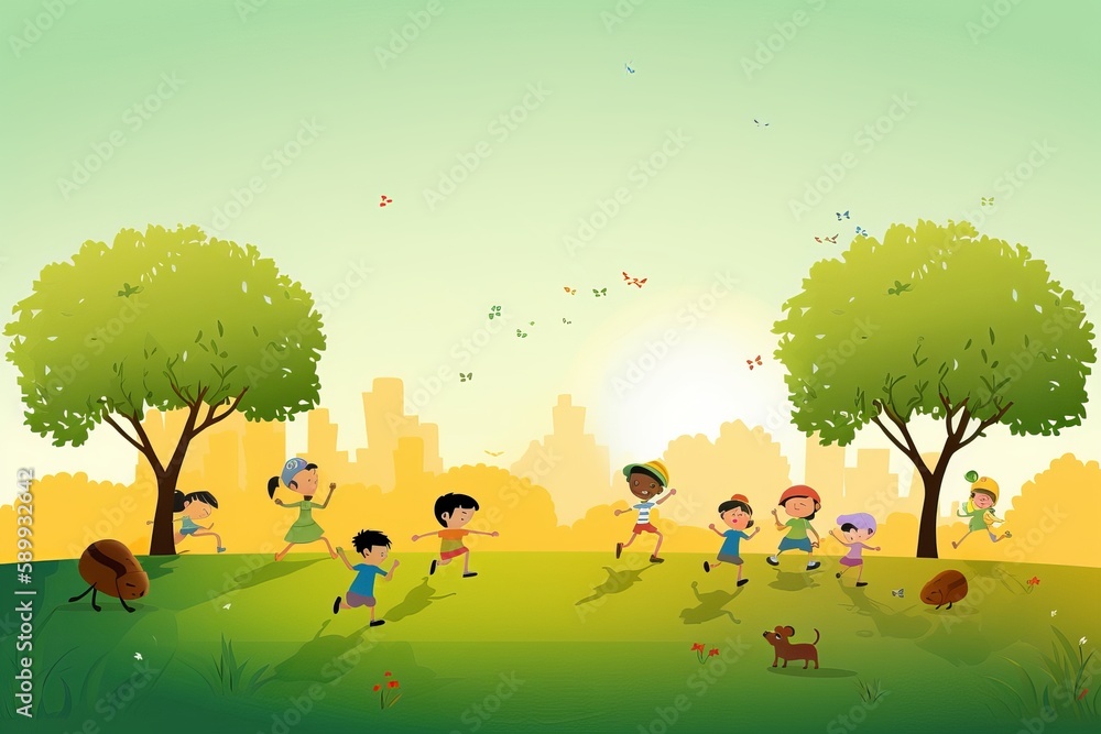 Many cartoon kids playing in garden Stock Illustration | Adobe Stock