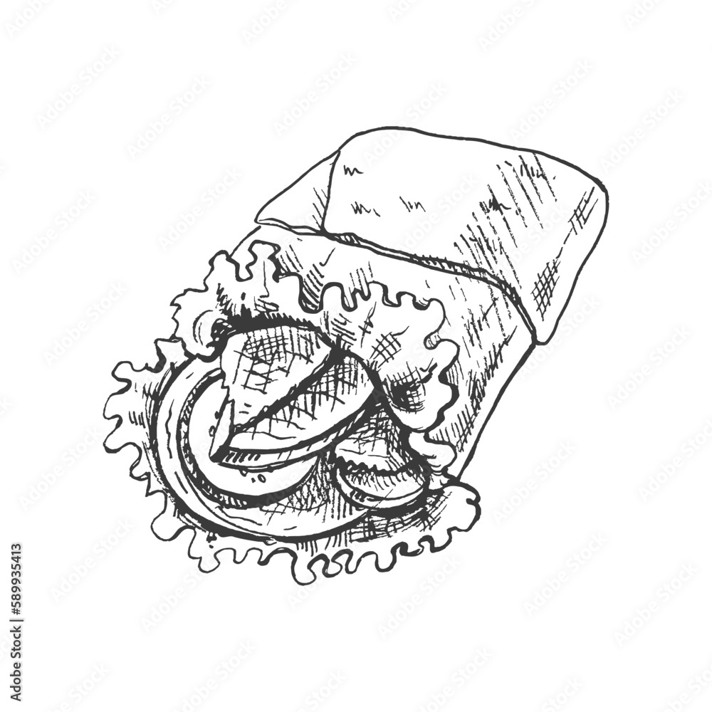 Hand-drawn sketch style burrito wrap with vegetables and meat pieces ...
