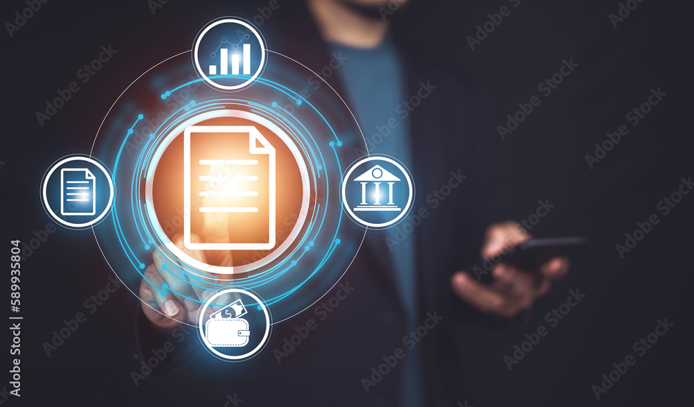 Documents management information system concept, Businessman using ...