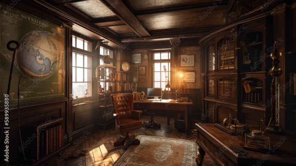 Steampunk Study Room with Industrial Flair Stock Illustration | Adobe Stock