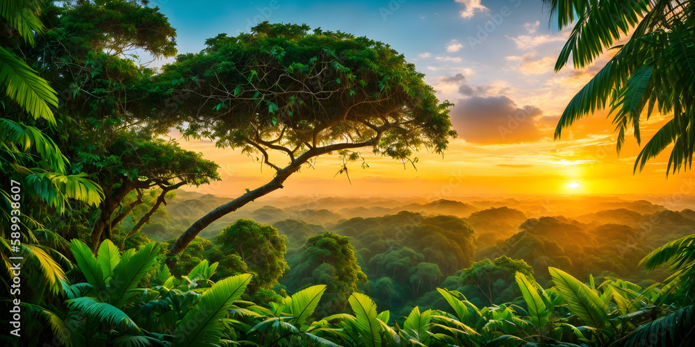 Wallpaper with a tropical landscape at sunset. Jungle with mountains ...