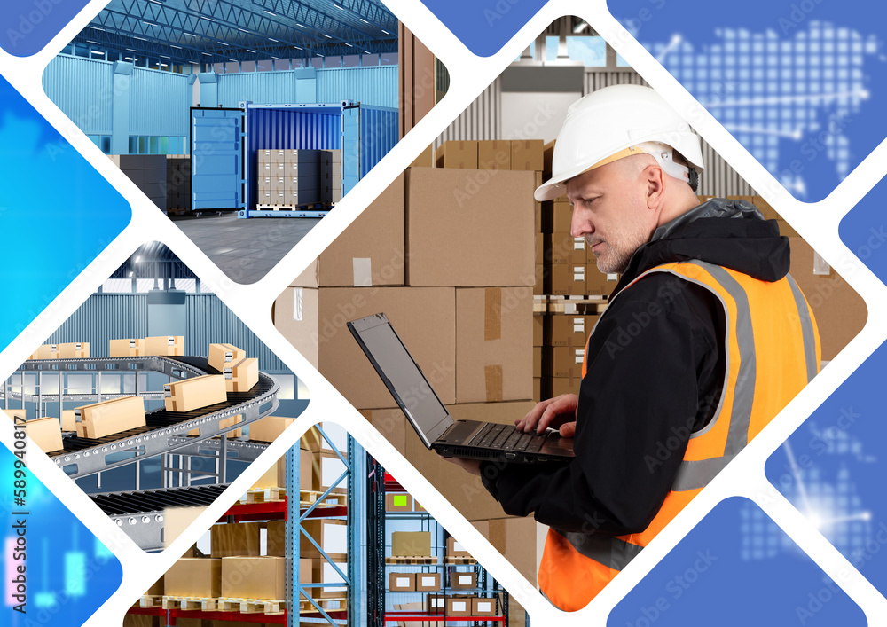 Warehouse worker man. Businessman with laptop. Boxes and conveyor near ...