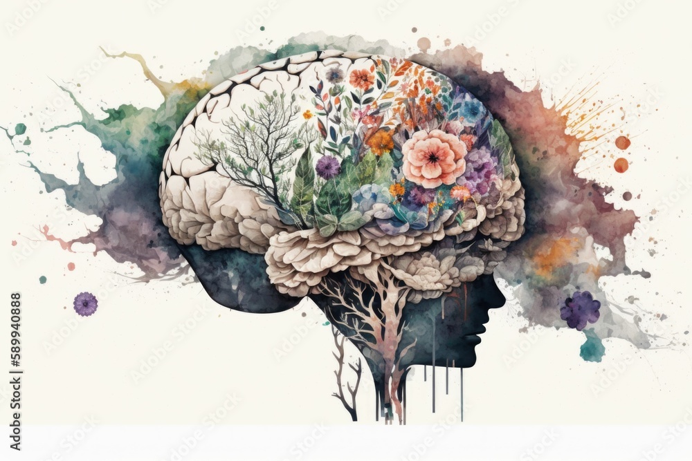 "Watercolor Brain Concept Art with Flowers" - A Vibrant and Whimsical ...