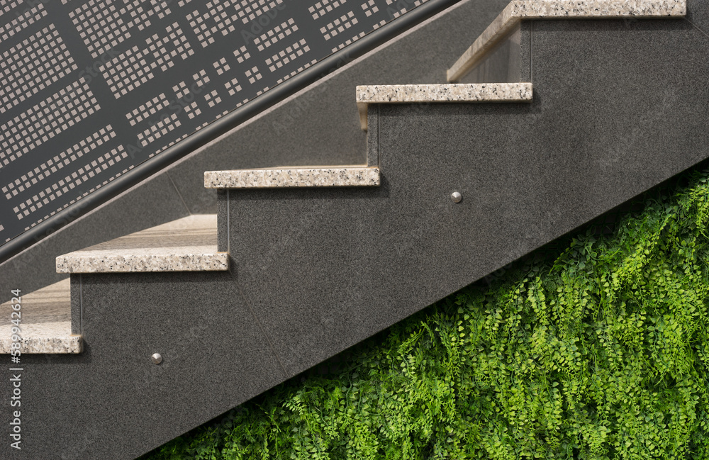 Modern external staircase made of black and white granite with railings ...