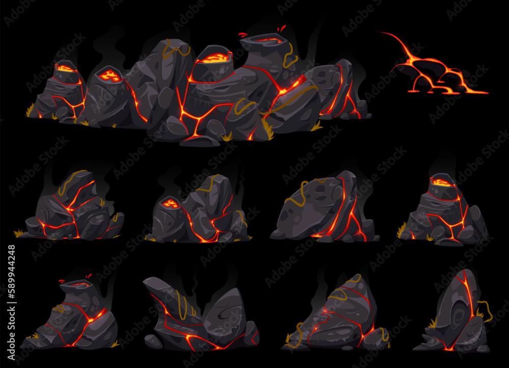 Vector cartoon illustration set of lava stones, blocks, bricks, rocks ...