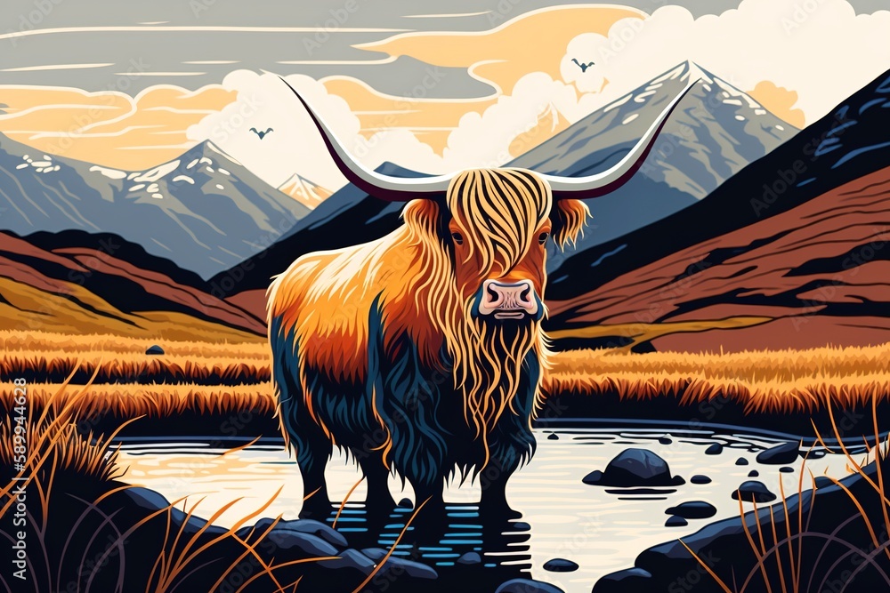 Vector illustration of a highland cow with large horns, standing in the ...