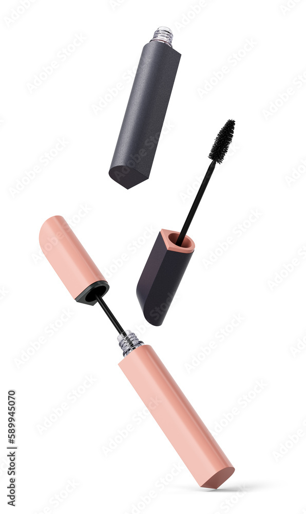 Flying and falling open and closed mascara and eyelash brush. Isolated ...