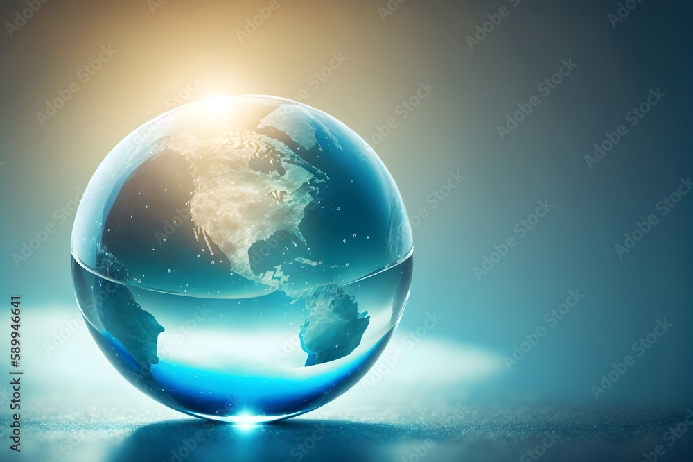 Earth crystal glass globe on blue sunny background. Saving environment ...