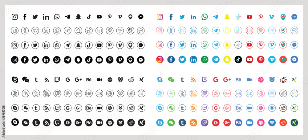 Sets of social media rounded icons design on transparent background ...