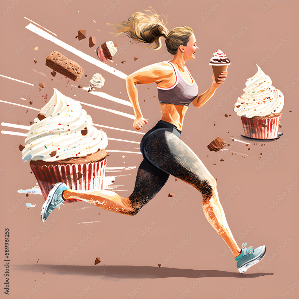 Woman running away from sweets and junk food. A good looking young ...