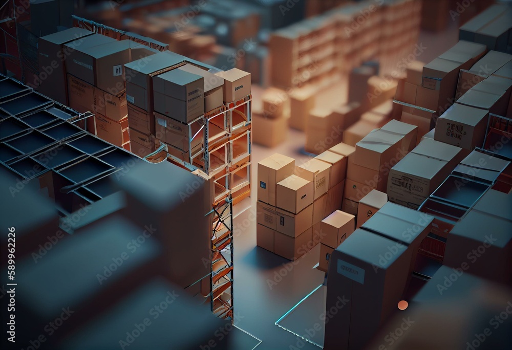 A 4k, loop-able 3d animation of a large, modern warehouse filled with ...