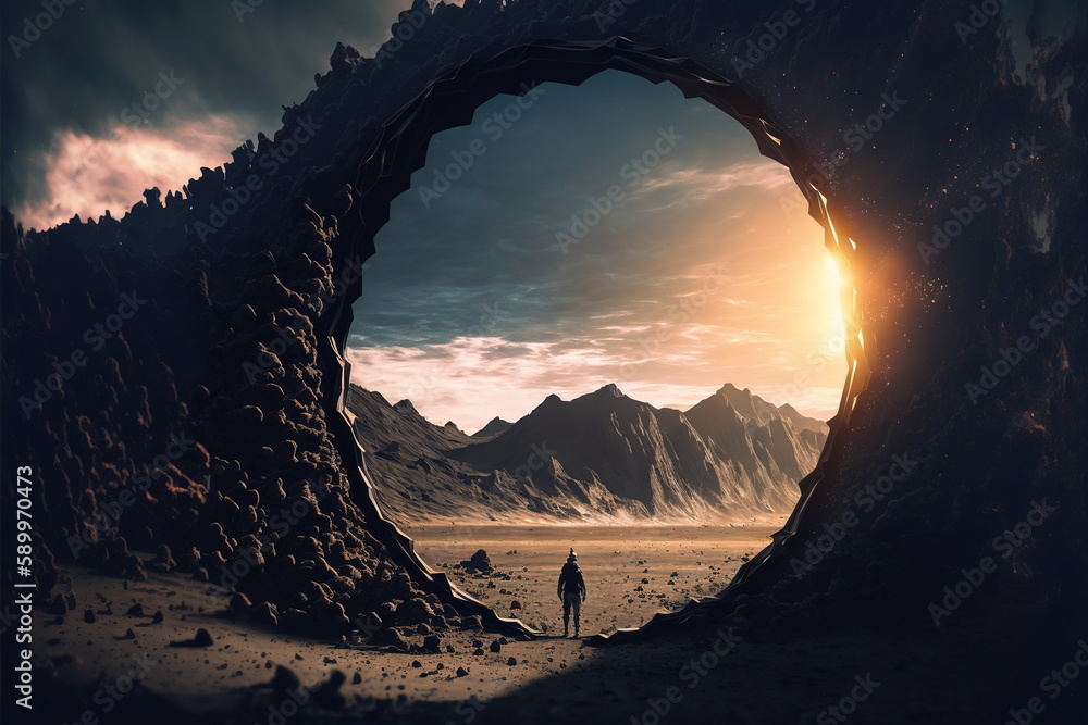 Spaceman travel through the space with mysterious sci-fi fantasy portal ...