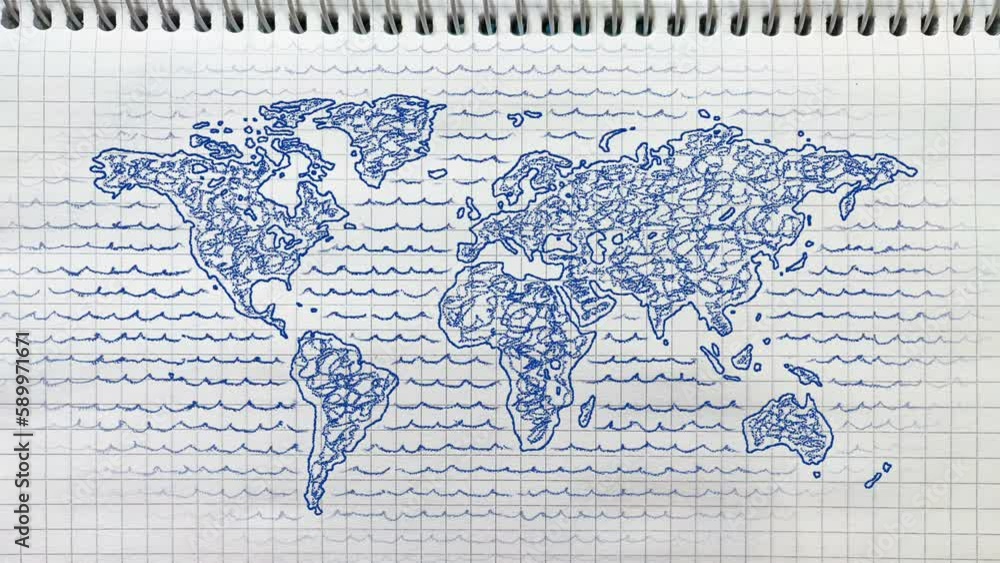 World map hand drawn and animated. Illustration on a school notebook ...