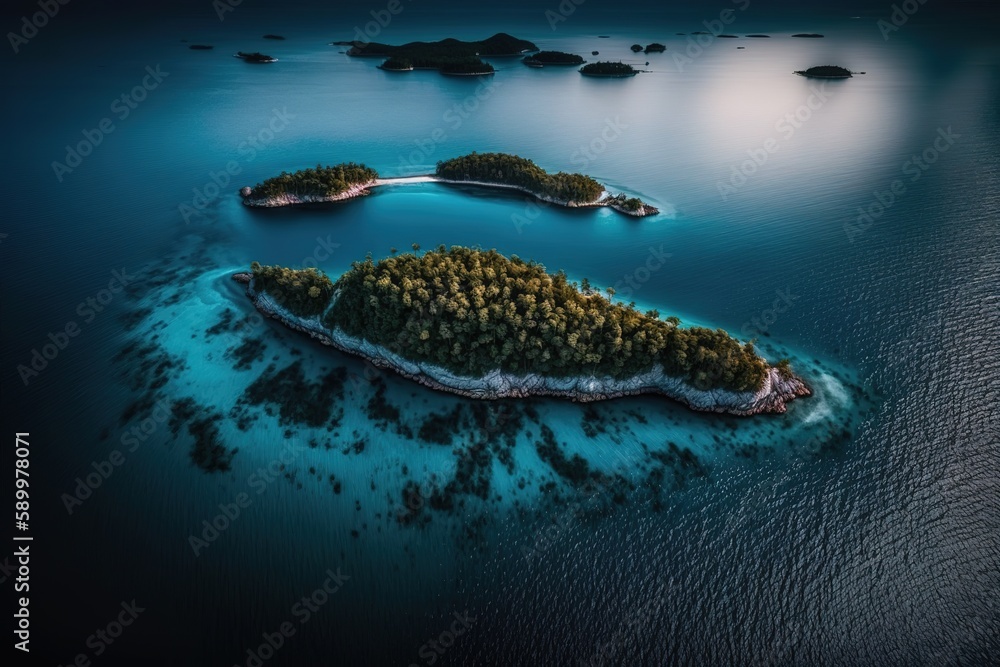 Picturesque aerial view of an island in the midst of a placid blue sea ...