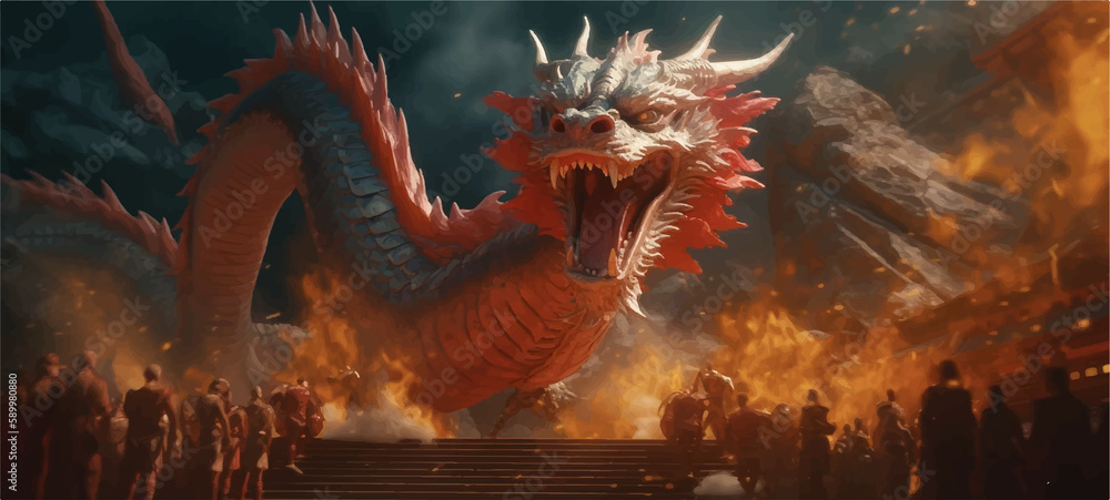 Chinese mythology theme dragon and army flames magnificent created with ...