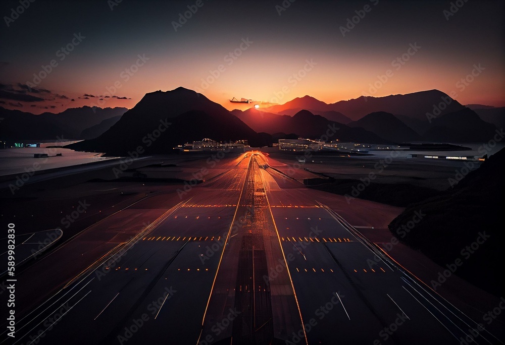 Sunrise at Hong Kong airport illuminates runway with airfield ground ...