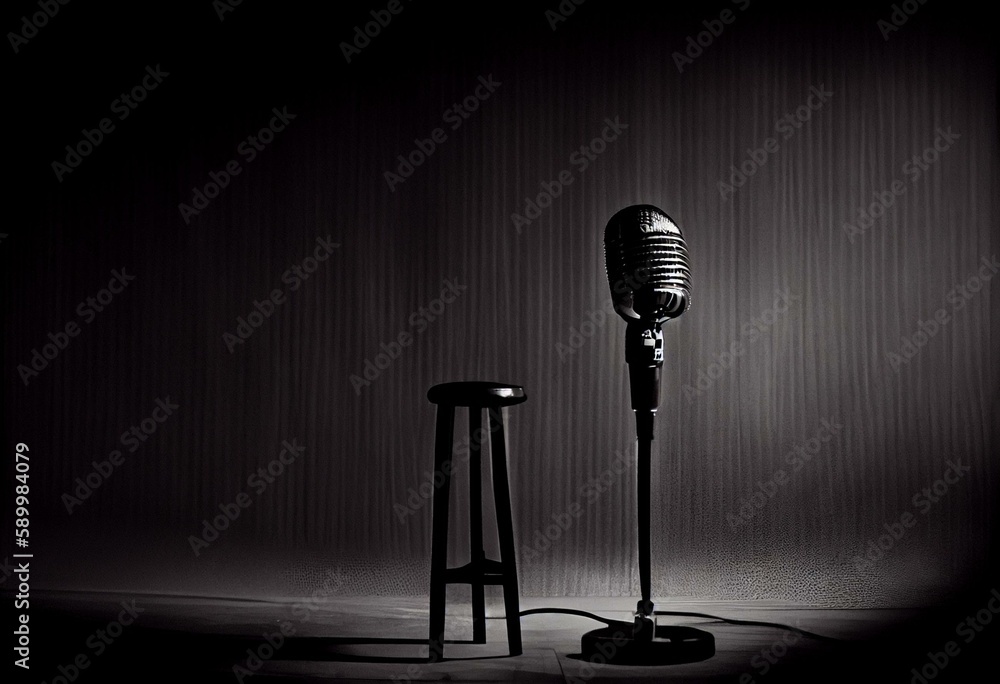 High contrast image of a microphone and stool on a stand-up comedy ...