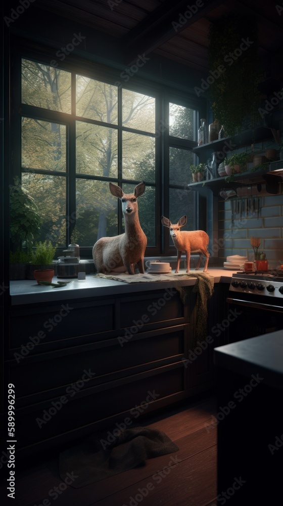 Peek-a-Boo A Deer in a Serene Woodland-Themed Kitchen with x-ray ...