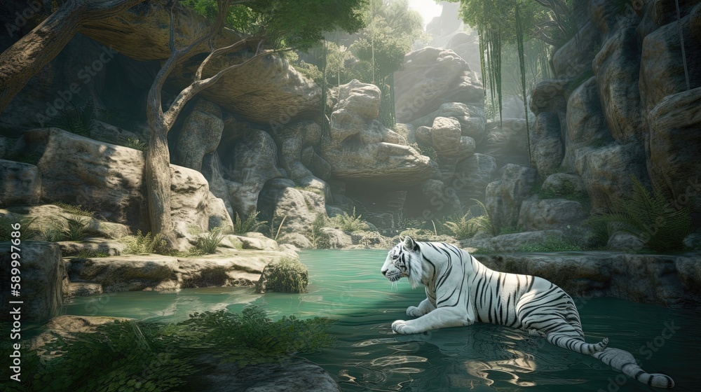 A white tiger habitat transports visitors to a lush jungle environment ...