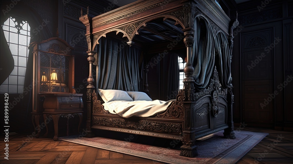 Gothic Revival bedroom is characterized by its imposing canopy bed ...