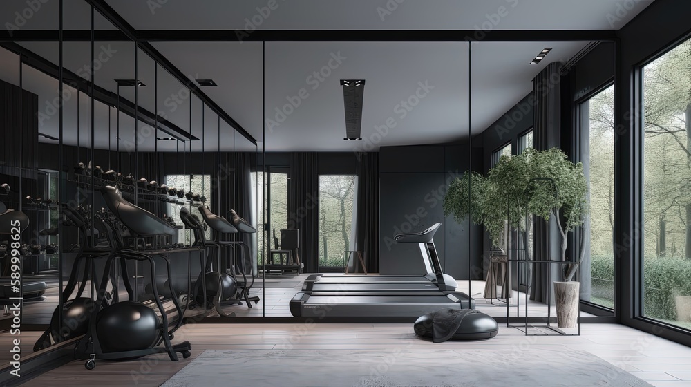 This minimalist home gym features floor-to-ceiling windows that allow ...