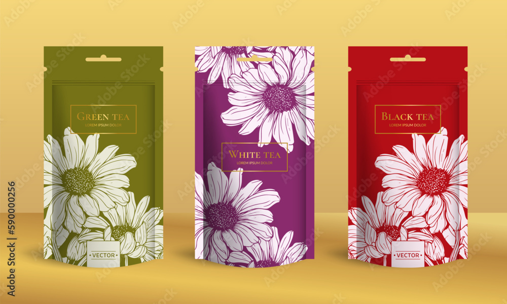 Tea packaging design with zip pouch bag mockup. Vector ornament ...