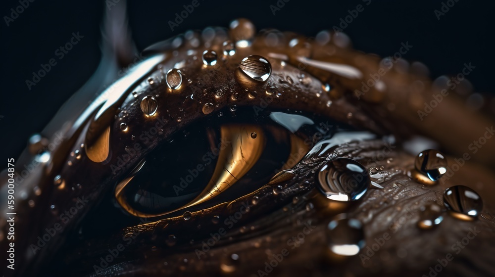 a close up of a dragon eye with water droplets on it's iris and the ...