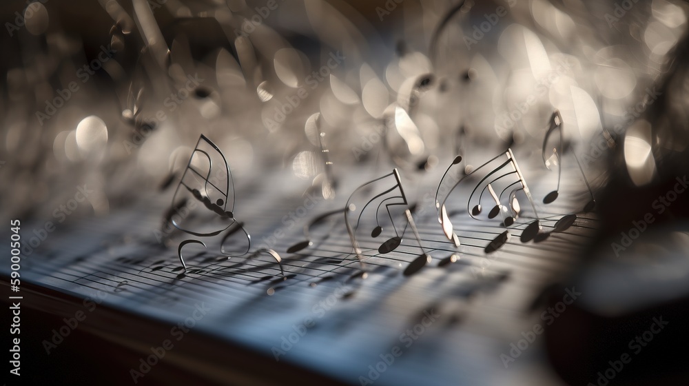 musical notes are lined up on a sheet of music paper with a blurry ...