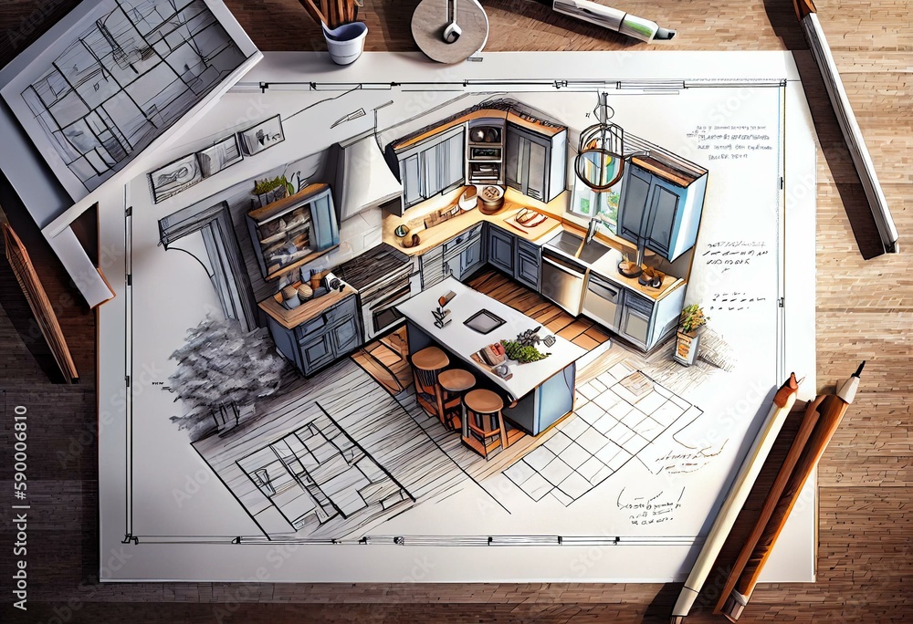 Drawing of kitchen floorplan transforms into completed construction ...