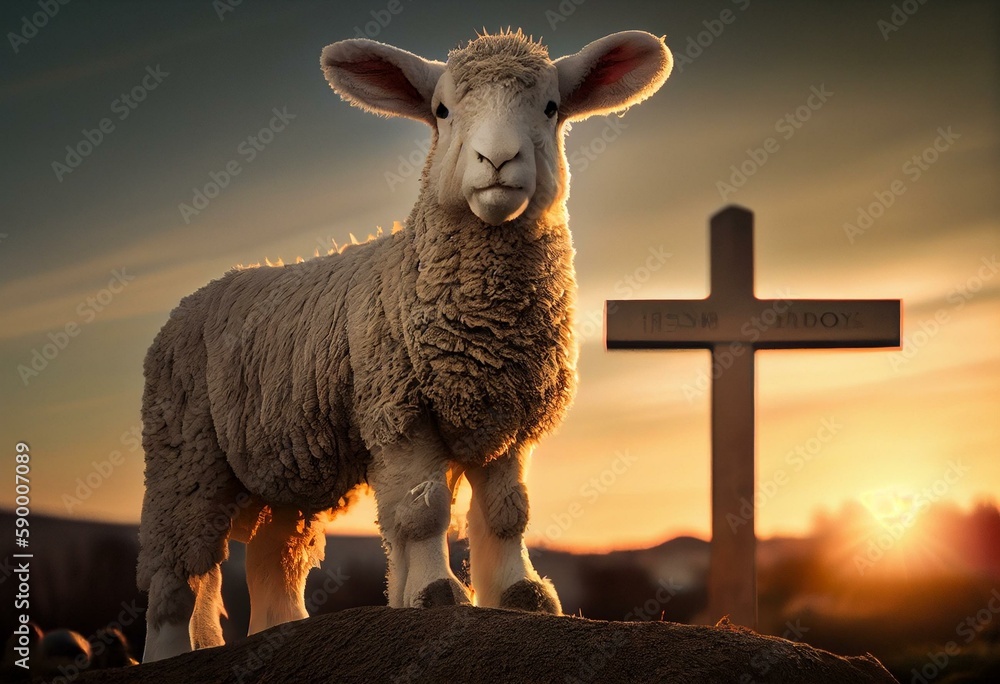 The lamb of God against the sunrise background stands in front of Jesus ...