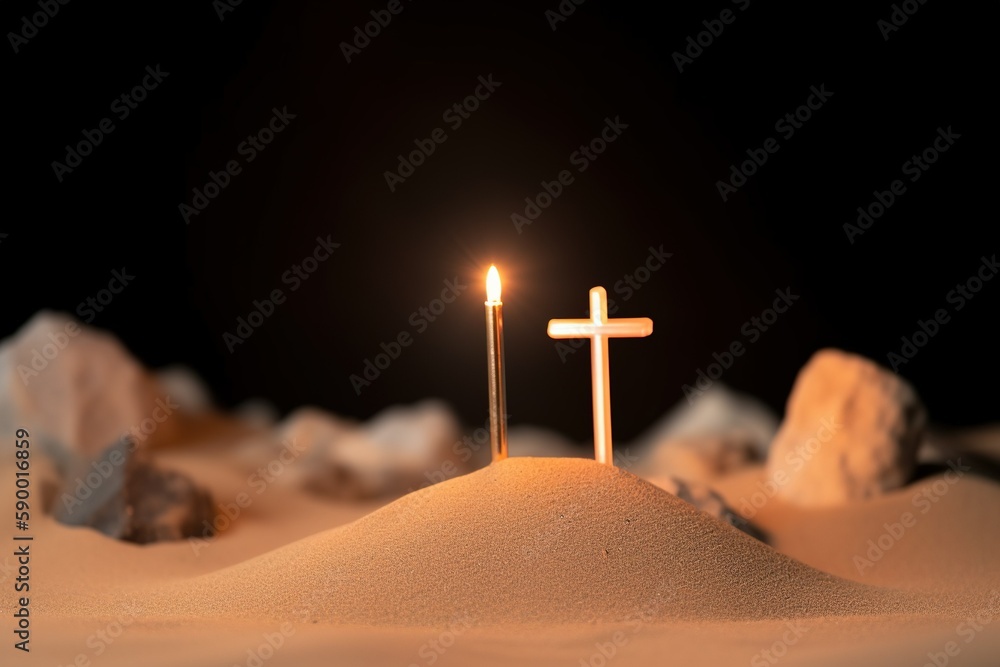 cross in the desert, wooden cross on the sand with small lights at ...