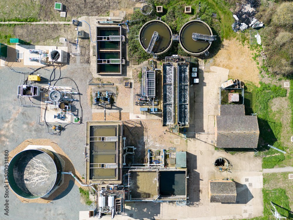 Aerial view of a newly extended sewage treatment works showing the ...