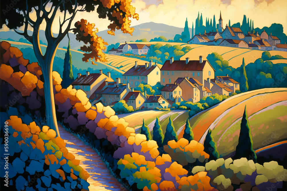 Image of a French country scene with picturesque hills and villages ...