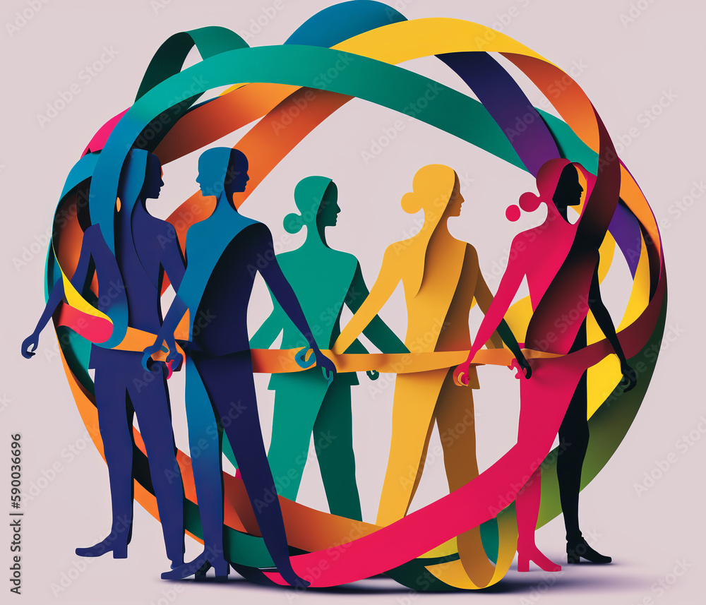 A group of people, each holding a different ribbon, form a cohesive ...