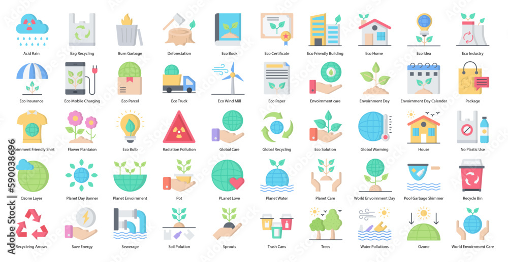 Global Warming Flat Icons Ecology Environment Icon Set in Color Style ...