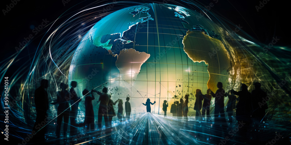 People silhouette on background of earth. Business team with world map ...