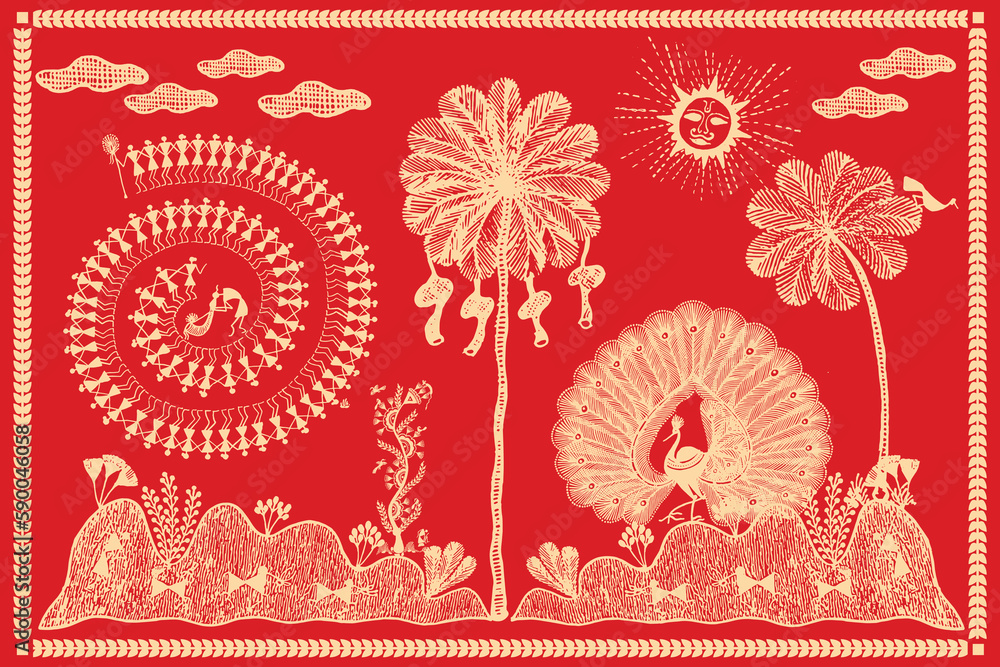 Beautiful warli painting with indian forest. Indian traditional peacock ...
