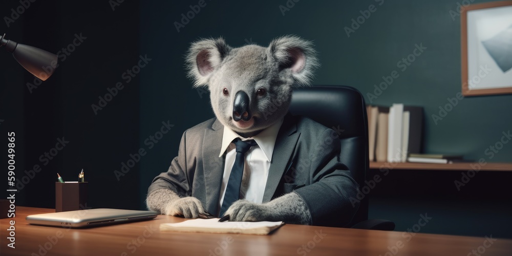 ภาพประกอบสต็อก Koala dressed in a suit and tie, sitting behind a desk with a nameplate, with ...