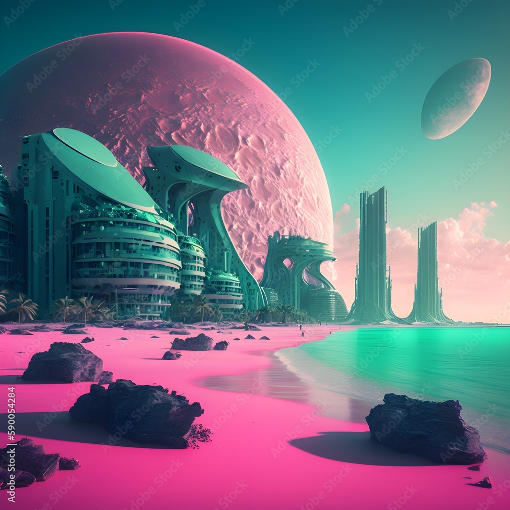 epic city on alien maldives planet magenta and green sun ray tracing ...