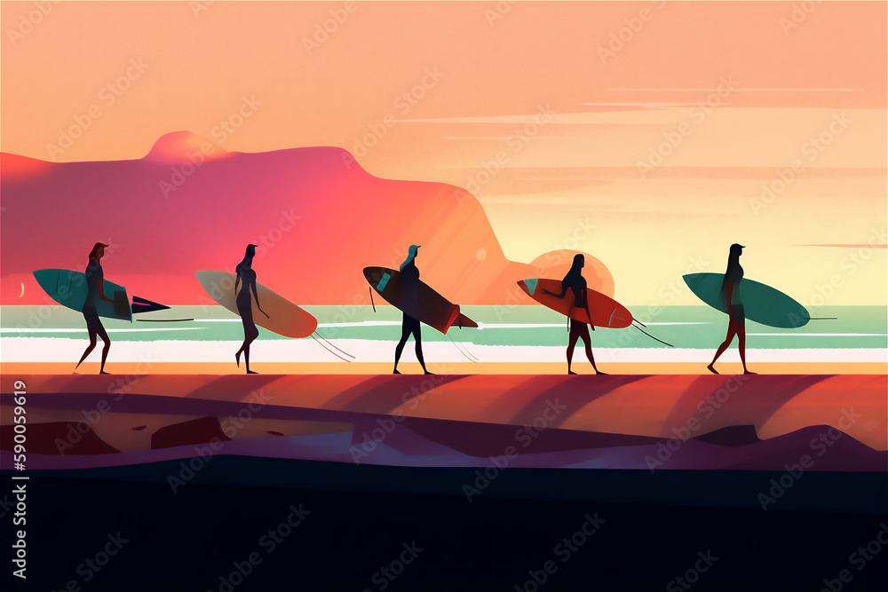 cartoon character of young surfers walking on the beach with boards ...