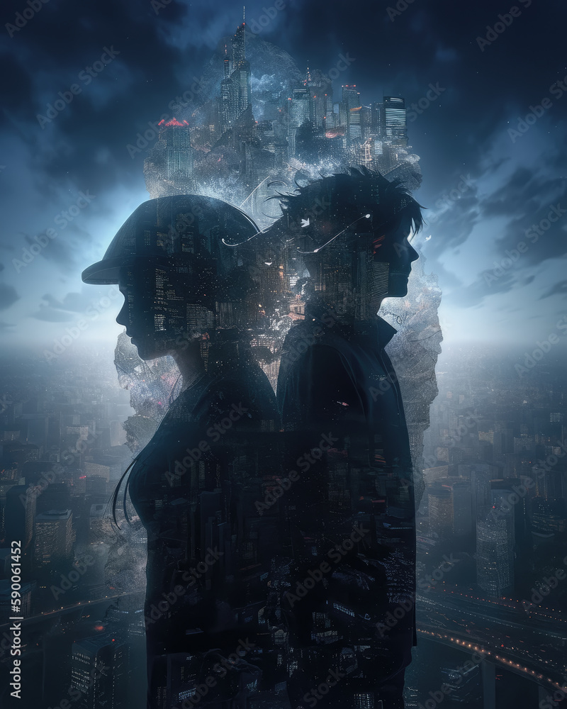 Ilustrace „Ilustracion en doble exposicion de la silueta de una pareja y una ciudad de ...