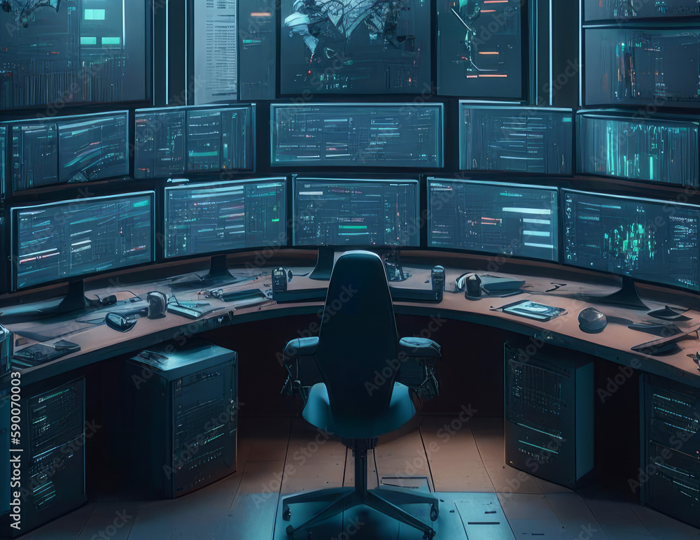 Computer control room with several screens in neon light. Illustration ...
