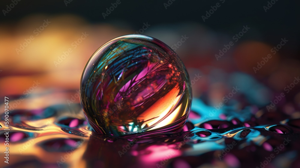 a colorful glass object sitting on top of a shiny table top with a ...