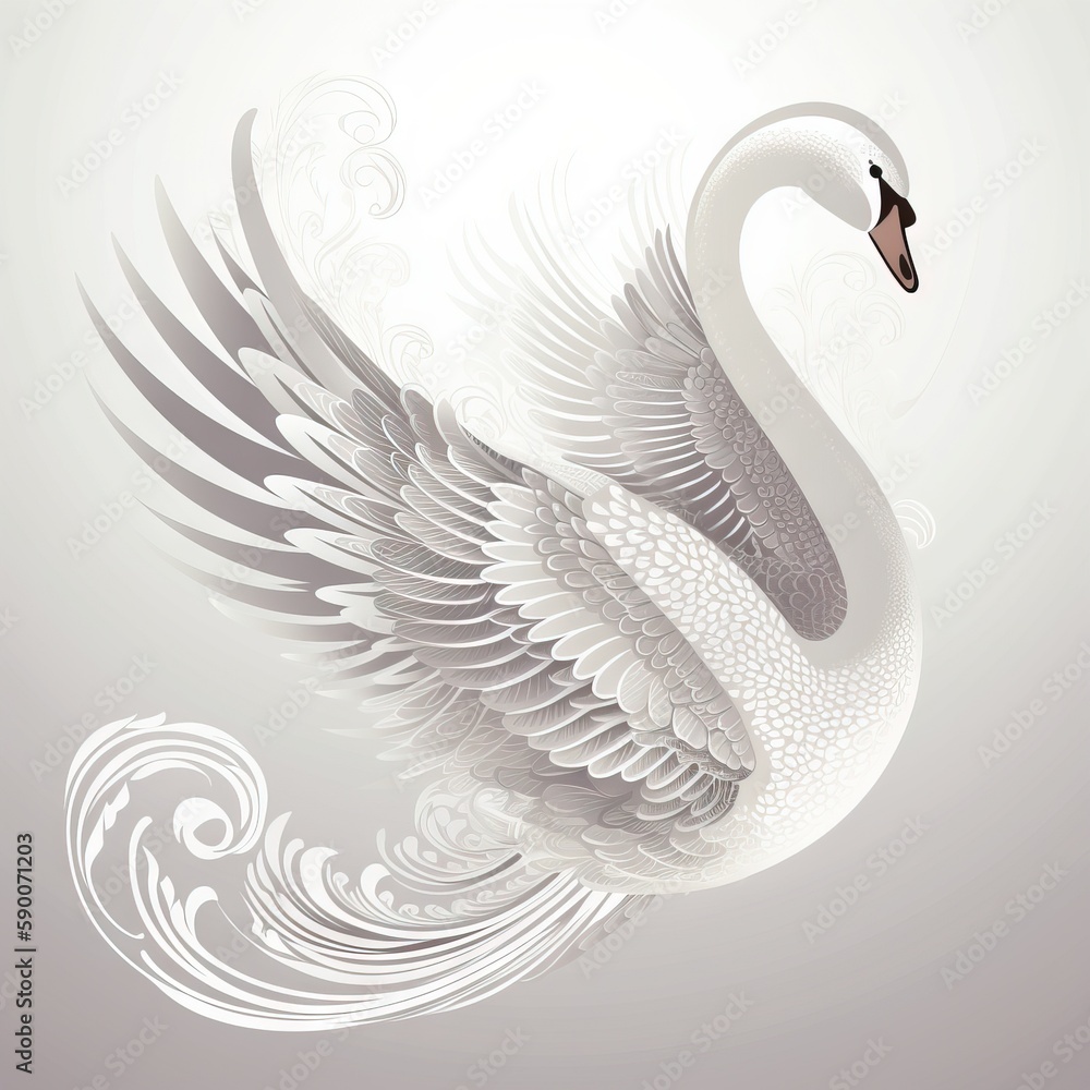 a white swan with a long neck and wings on a gray background with a ...