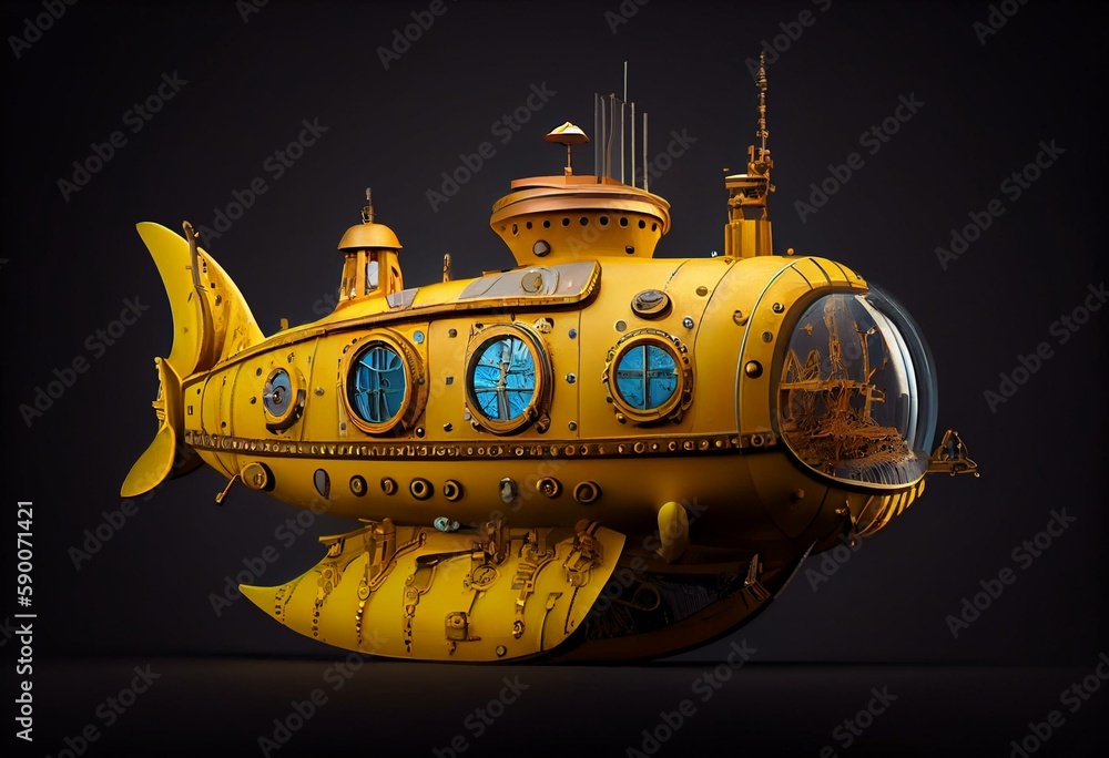 A solitary yellow submarine crafted in a steampunk style using 3D ...