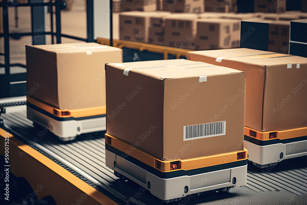 Mobile robot transporting a box in a warehouse. Automated retail ...