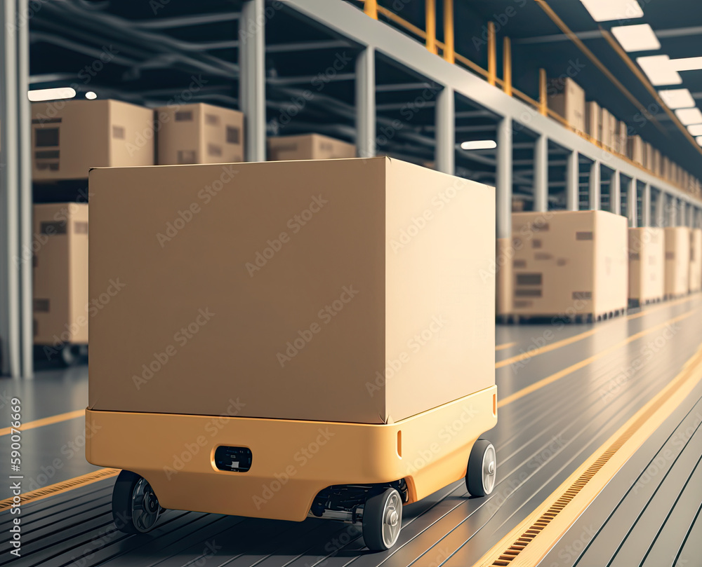 Mobile robot transporting a box in a warehouse. Automated retail ... Mobile robot transporting a box in a warehouse. Automated retail ...